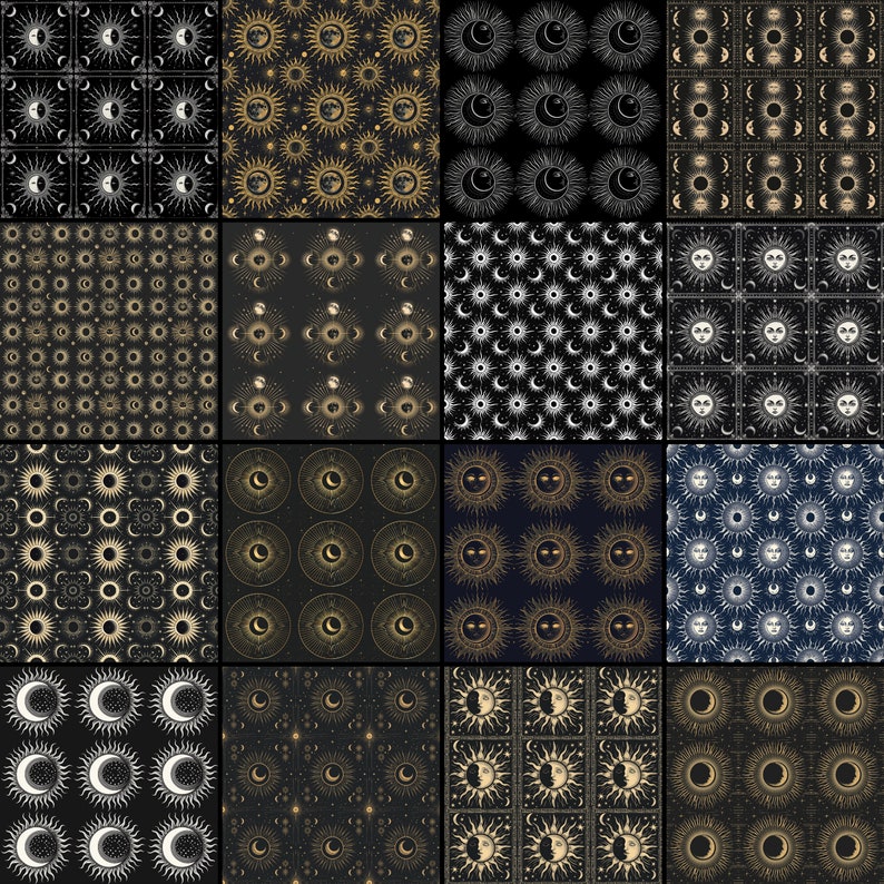 Solar Eclipse Digital Paper Sun and Moon Seamless Pattern Total Solar ...