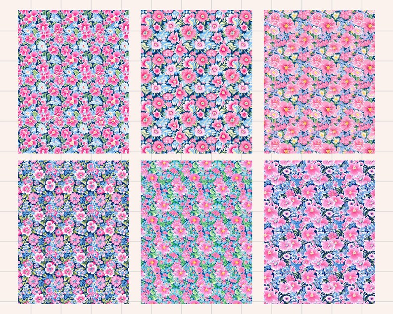 Preppy Pink and Blue Floral Seamless Pattern, Preppy Flower Digital ...