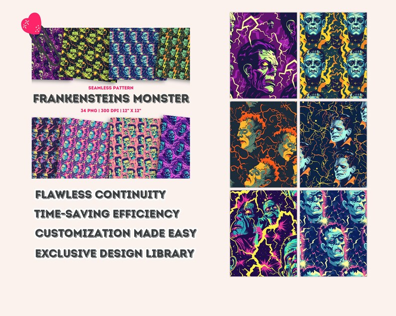 Frankenstein Monster Digital Papers, Halloween Seamless Pattern, Spooky ...