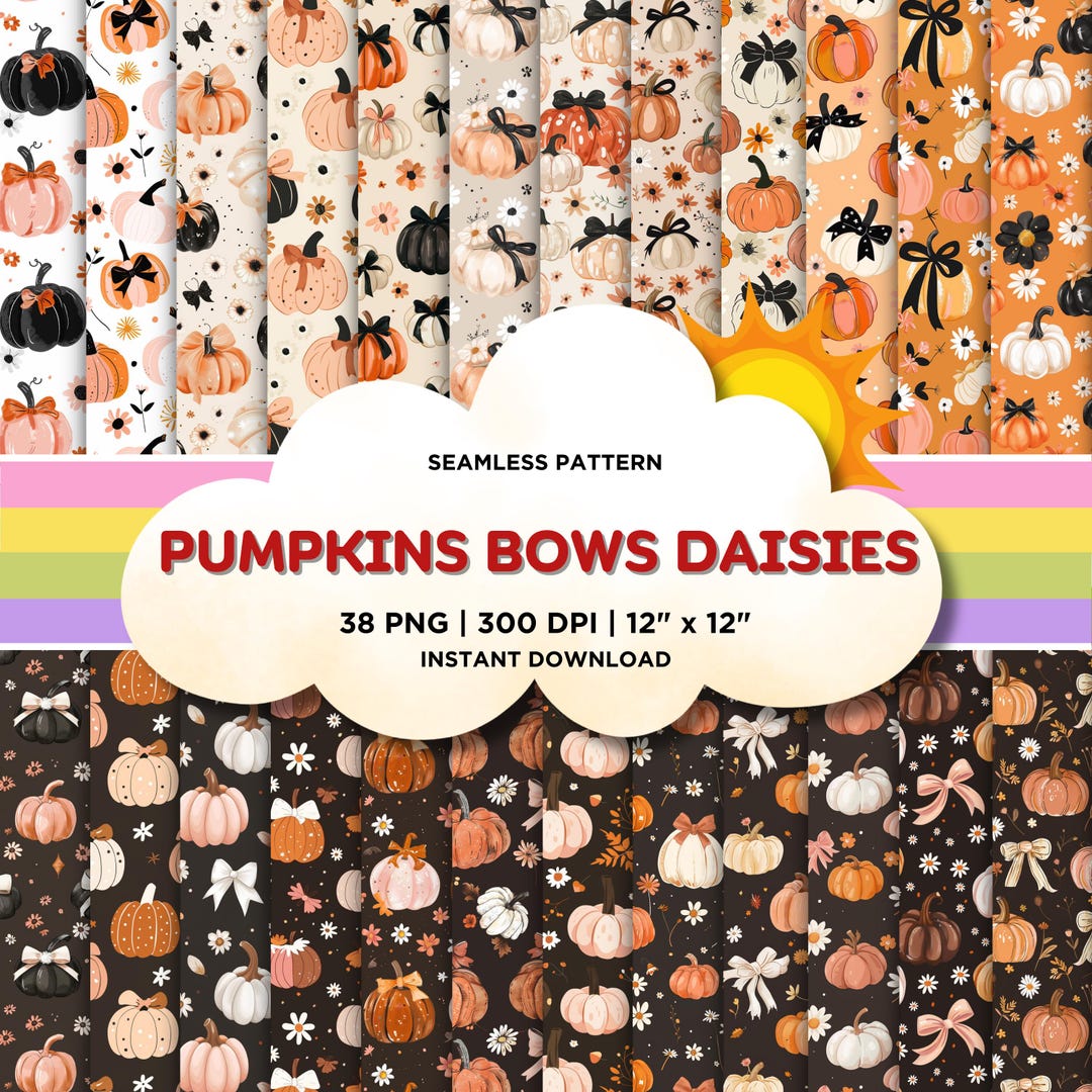 Pumpkins Bows Daisies Seamless Pattern, Pumpkin Digital Paper ...