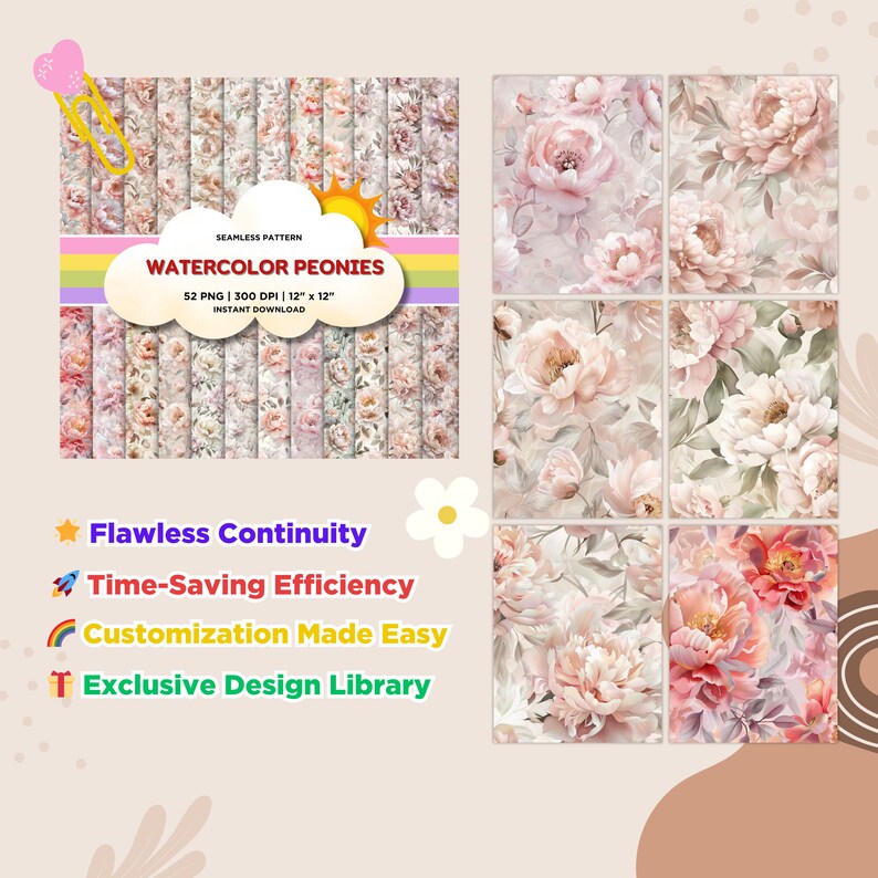 Watercolor Peonies Floral Seamless Patterns, Watercolor Digital Papers ...