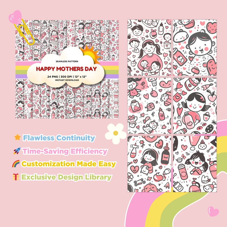 Mothers Day Digital Papers MOM Seamless Pattern Best Mom Ever Design ...