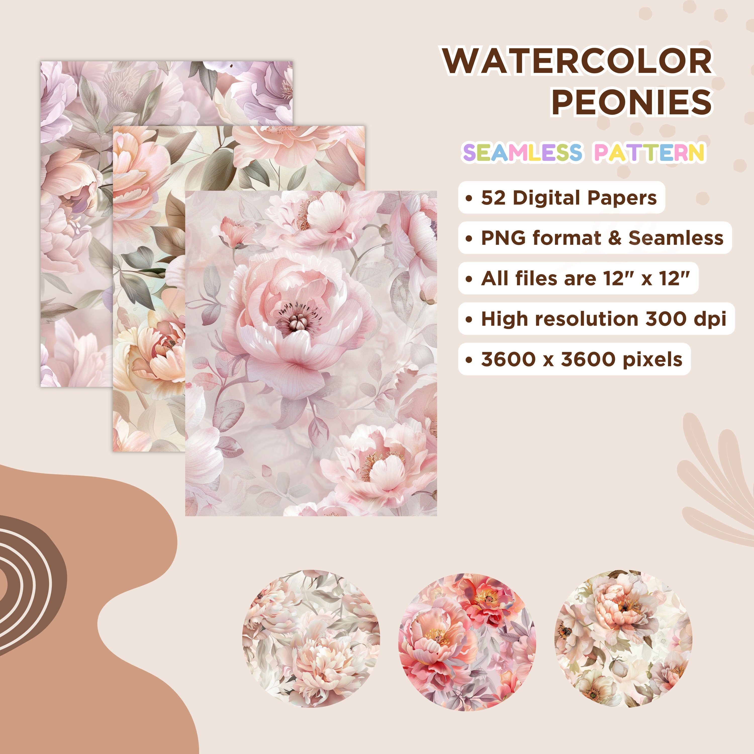 Watercolor Peonies Floral Seamless Patterns, Watercolor Digital Papers ...