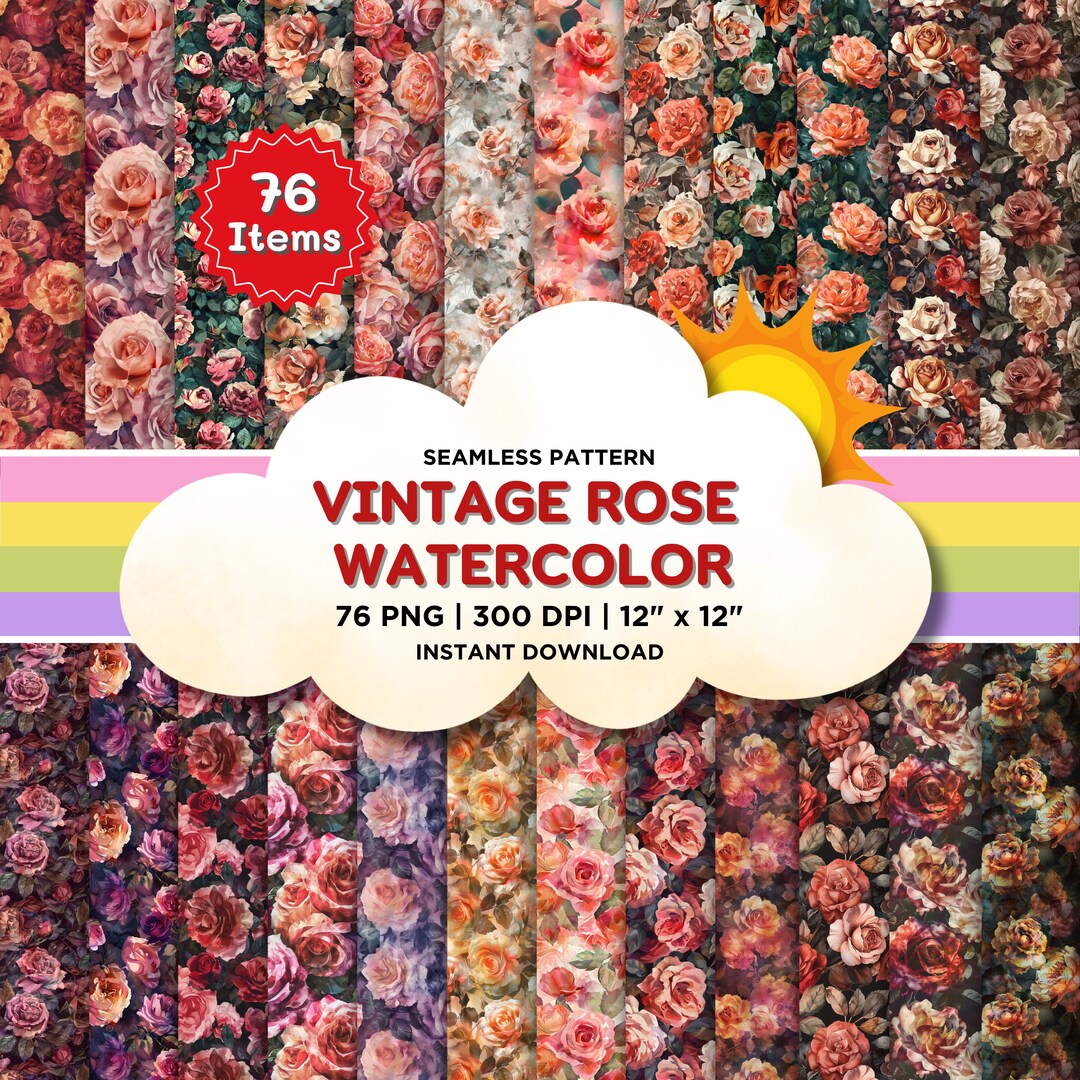 Vintage Rose Seamless Pattern, Watercolor Rose Digital Paper for ...