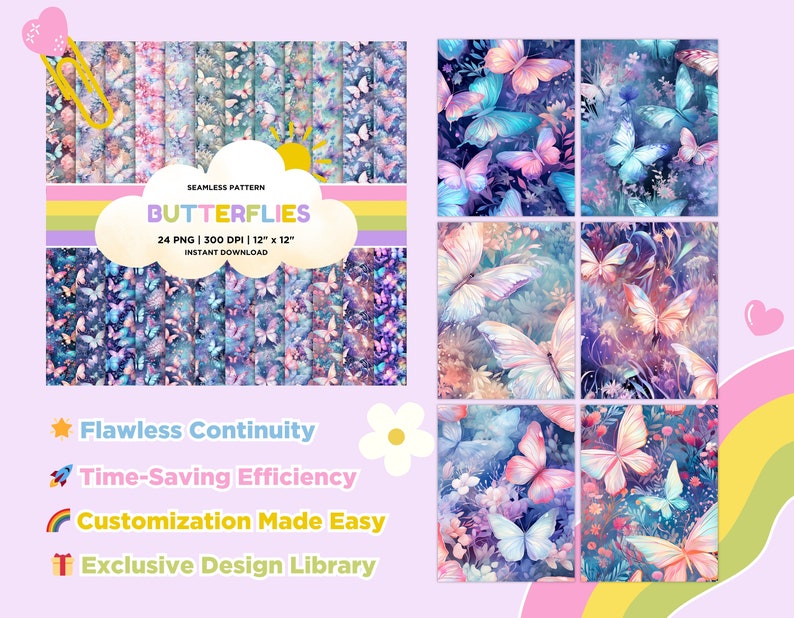 Butterflies Digital Paper Pack Seamless Pattern Dreamy Butterfly ...