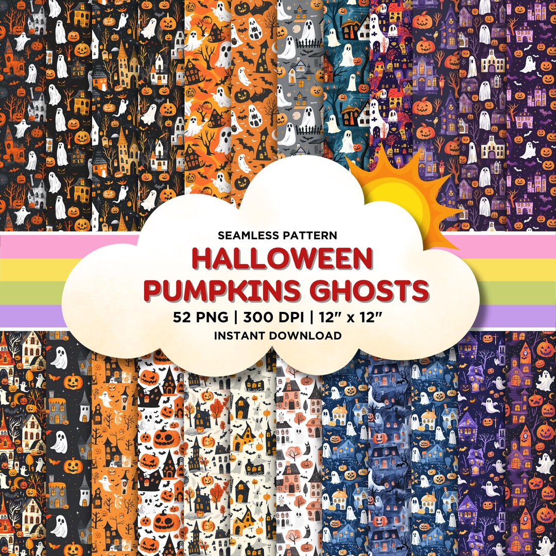 Halloween Pumpkins Ghosts Seamless Pattern, Halloween Digital Paper ...