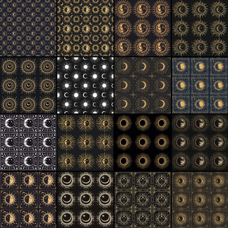 Solar Eclipse Digital Paper Sun and Moon Seamless Pattern Total Solar ...