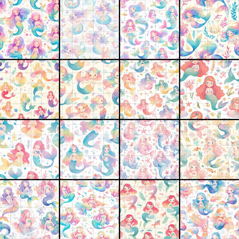 Watercolor Mermaids Digital Paper, Mermaid Seamless Pattern, Little ...