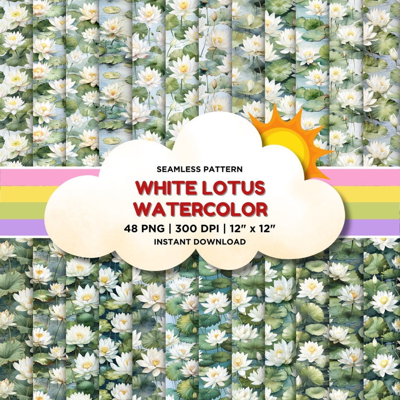 White Lotus Watercolor Digital Papers Flower Seamless Pattern ...