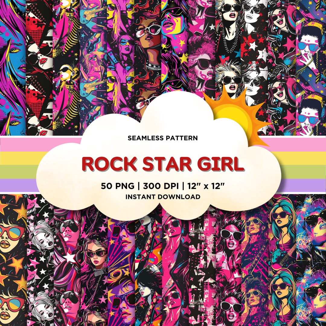 Rock Star Girl Seamless Patterns, Rock N Roll Digital Papers, Rocker ...