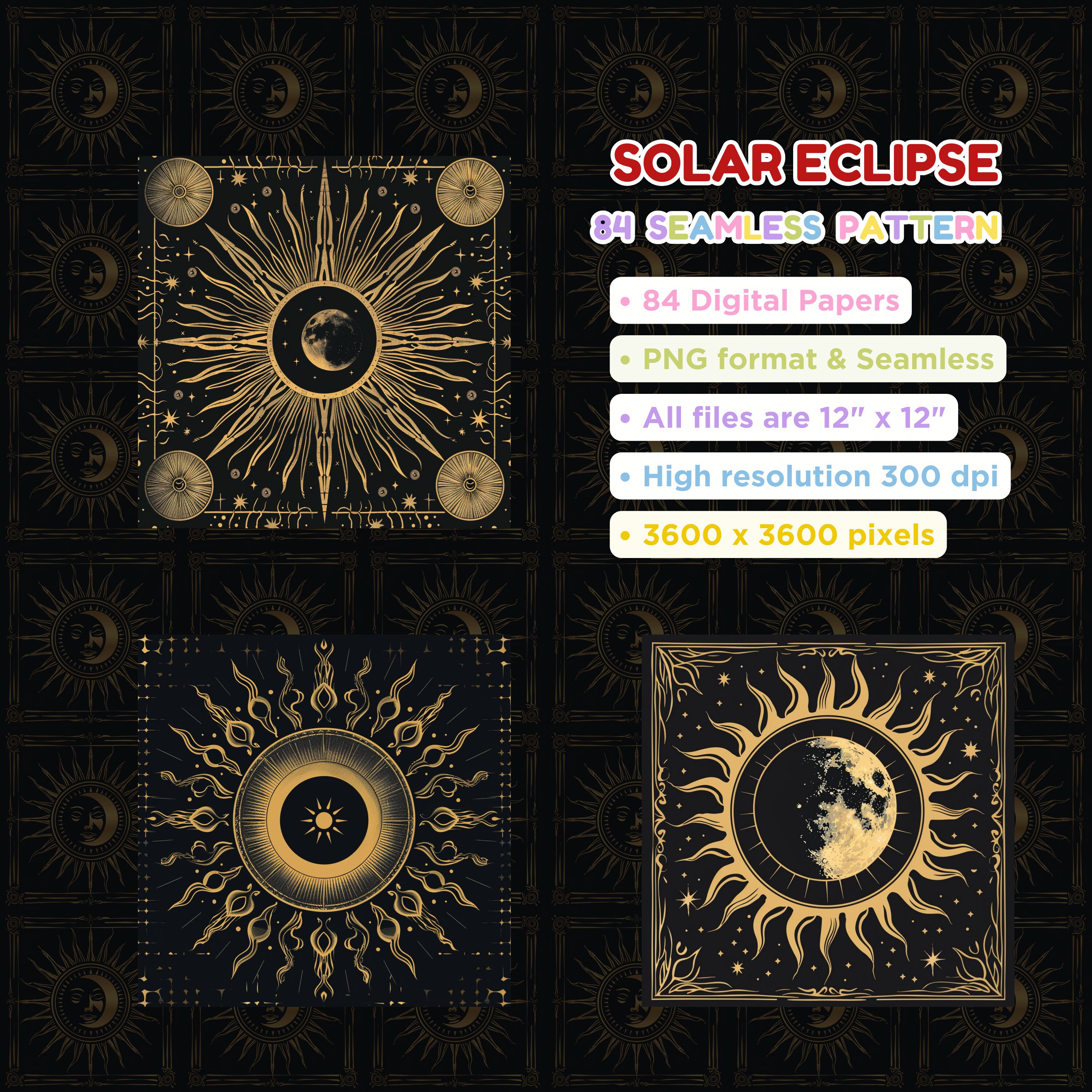 Solar Eclipse Digital Paper Sun and Moon Seamless Pattern Total Solar ...