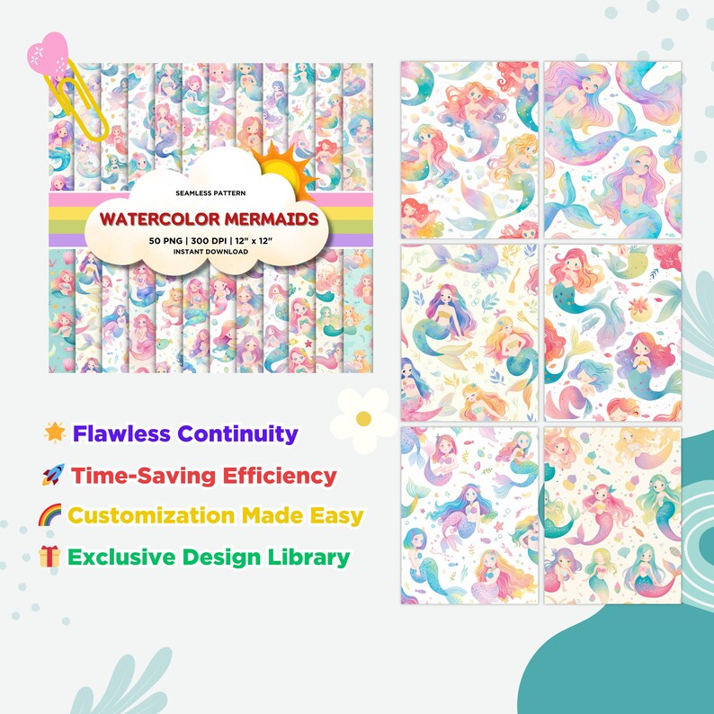 Watercolor Mermaids Digital Paper, Mermaid Seamless Pattern, Little ...