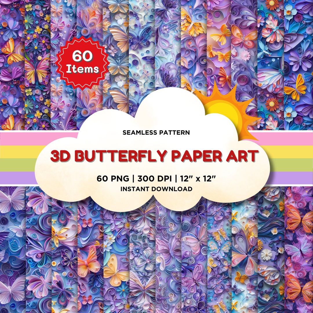 3D Butterflies Digital Seamless Pattern, Butterfly Floral Digital Paper ...