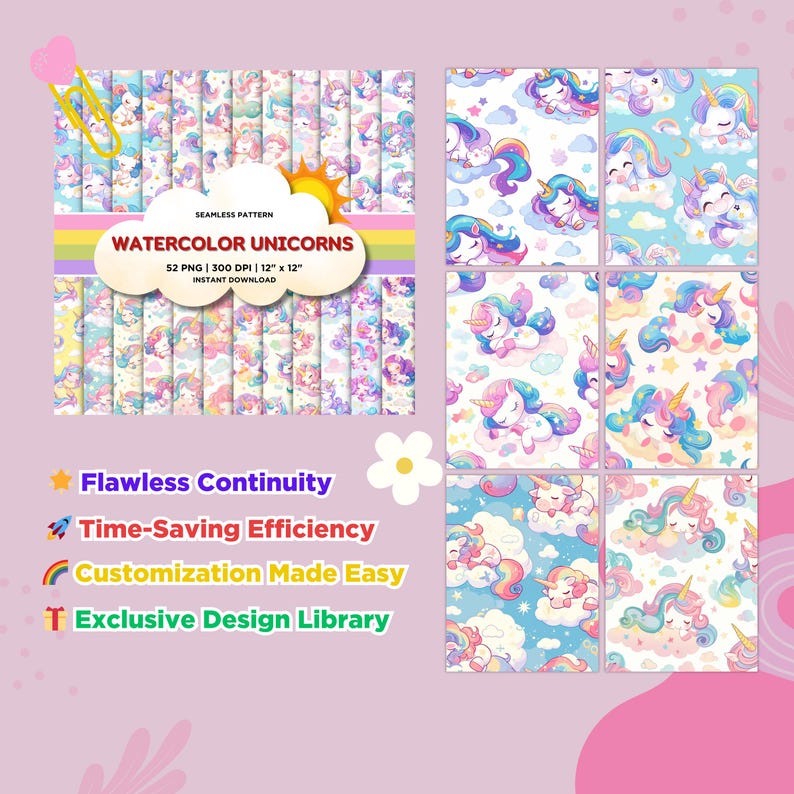 Watercolor Unicorn Digital Paper, Unicorn Seamless Pattern, Unicorn ...