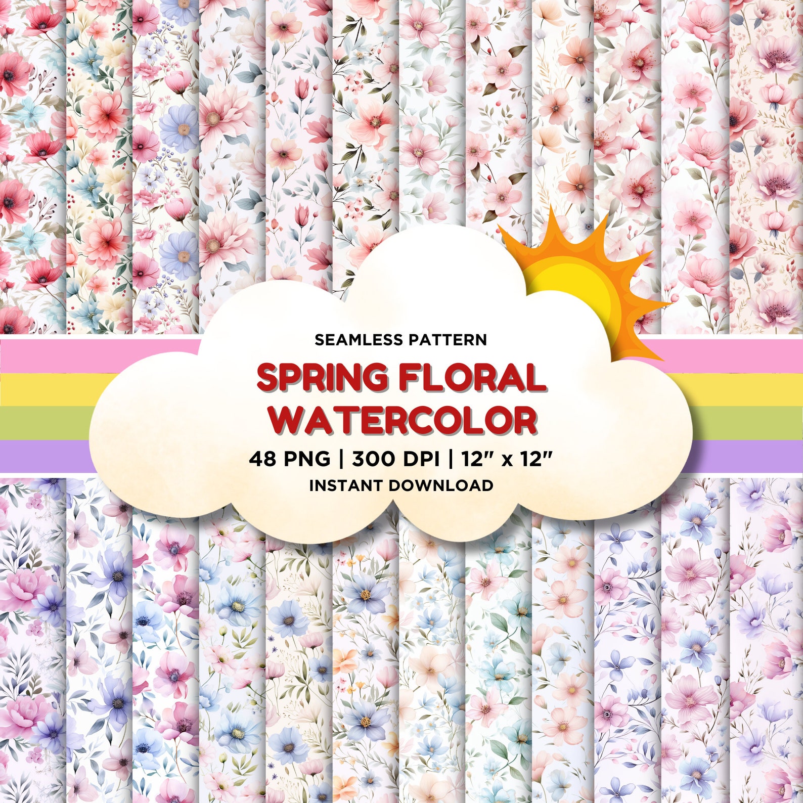 Spring Floral Watercolor Digital Paper Seamless Pattern Digital ...