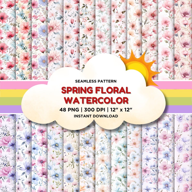 Spring Floral Watercolor Digital Paper Seamless Pattern Digital ...