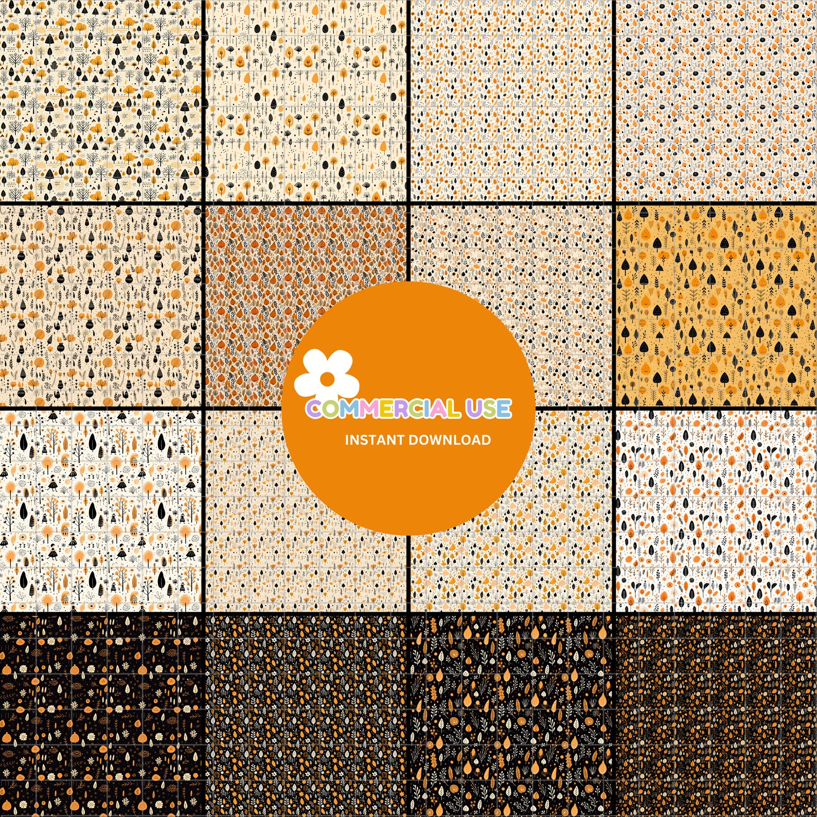 Autumn Line Drawing Seamless Patterns, Autumn Leaves Digital Papers PNG ...