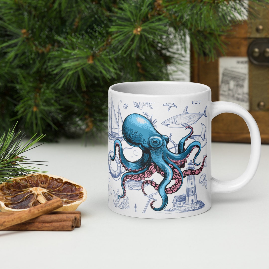 SALE Octopus Handmade Mug Navigation Sea Animal Graffiti - Etsy