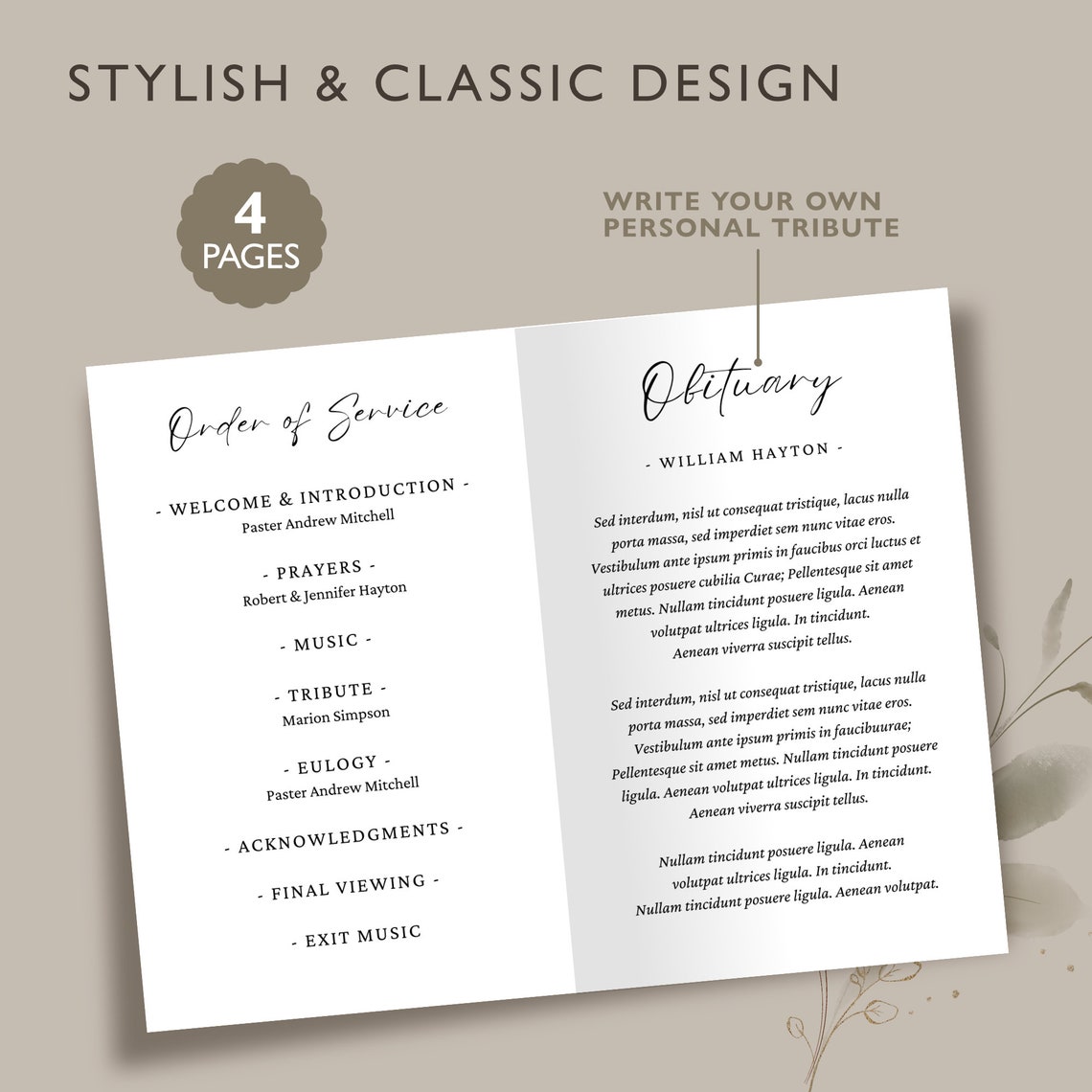 Elegant Editable Funeral Program | Canva Template | Memorial Service ...