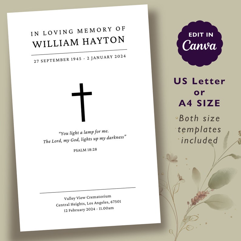 Christian Funeral Order of Service Template: Fully Editable Memorial ...