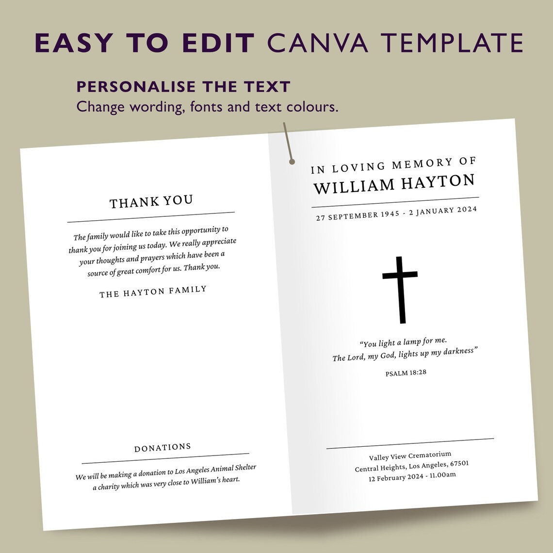 Christian Funeral Order of Service Template: Fully Editable Memorial ...