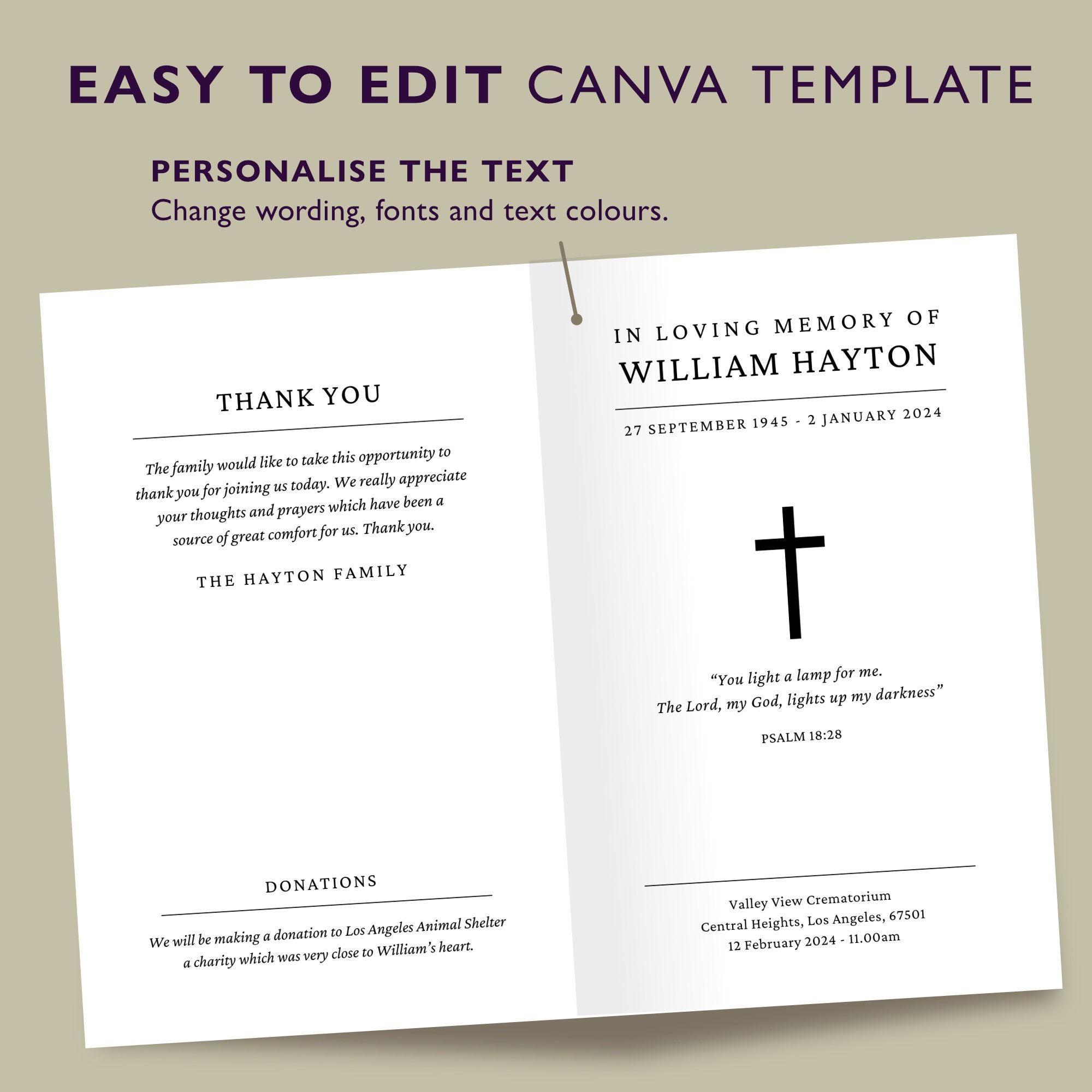 Christian Funeral Order of Service Template: Fully Editable Memorial ...