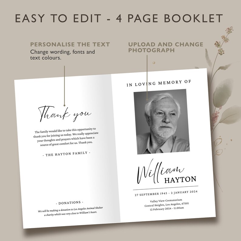 Editable Funeral Booklet, Funeral Program Design Canva Order of Service Template, Funeral ...