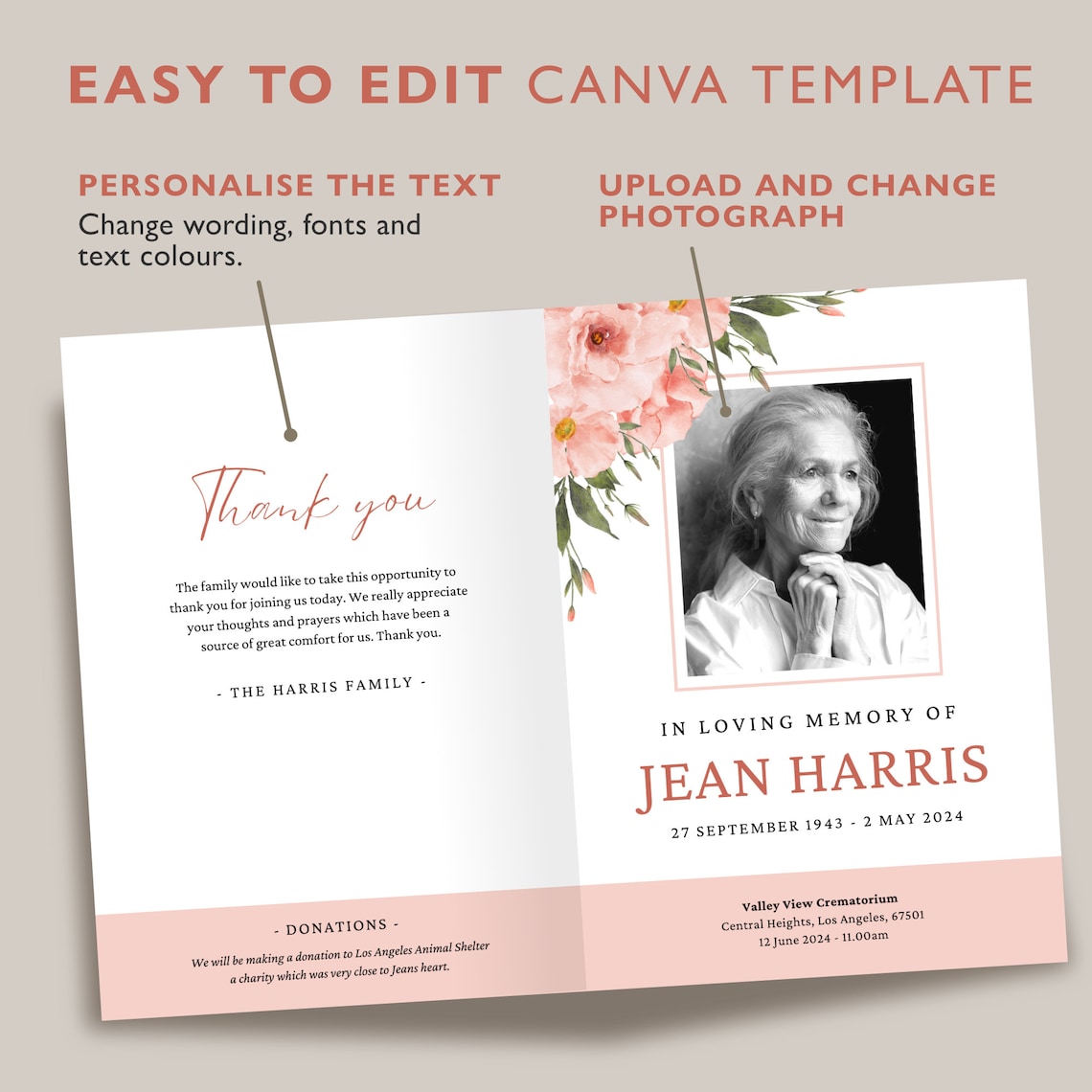 Editable Funeral Order of Service Booklet, Funeral Program Design Canva ...