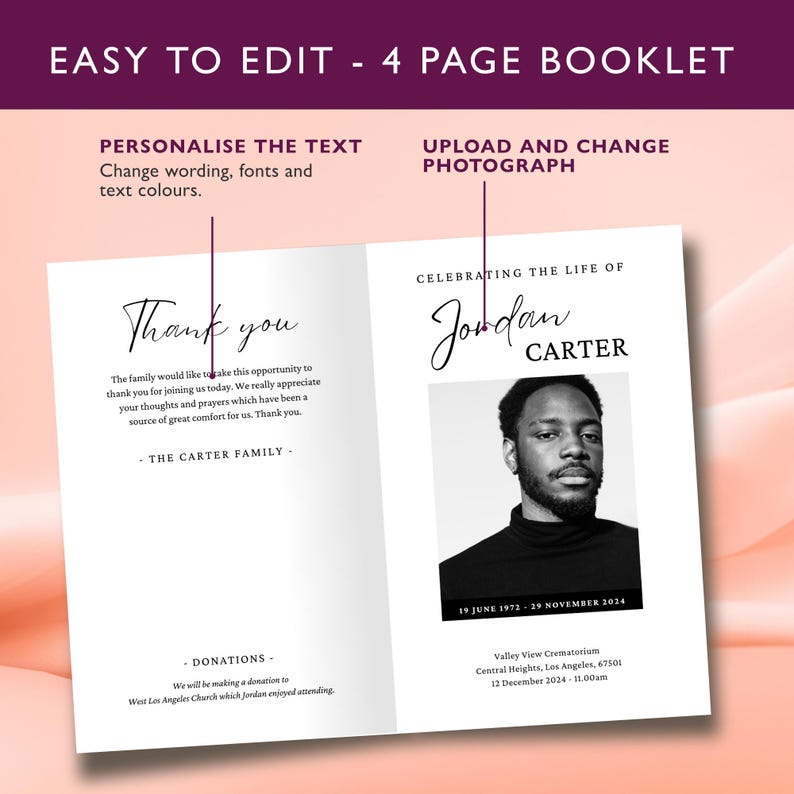 Editable Funeral Booklet, Funeral Program Design Canva Order of Service Template, Funeral ...