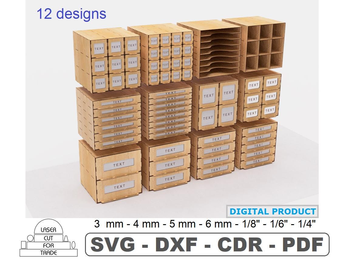 Set of 12 Chest of Drawers Laser Cut Files • Desk Organisers Set ...