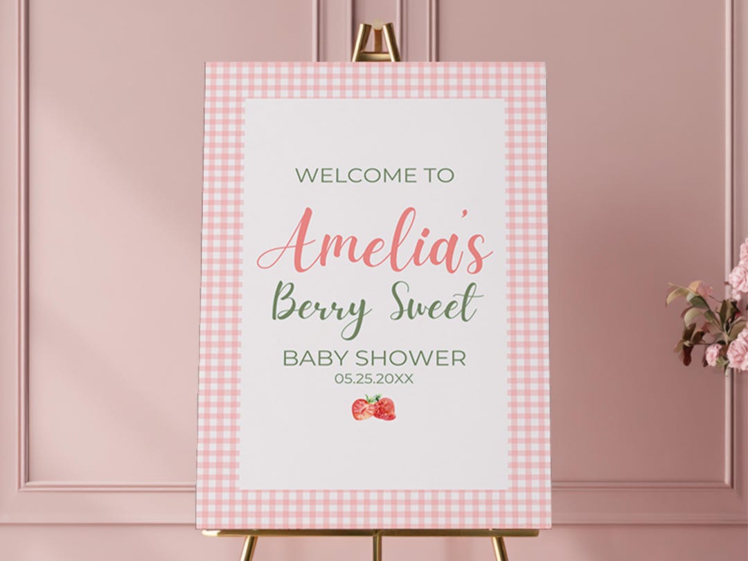 Berry Sweet Baby Shower Welcome Sign: Pink Gingham, Strawberries (canva ...
