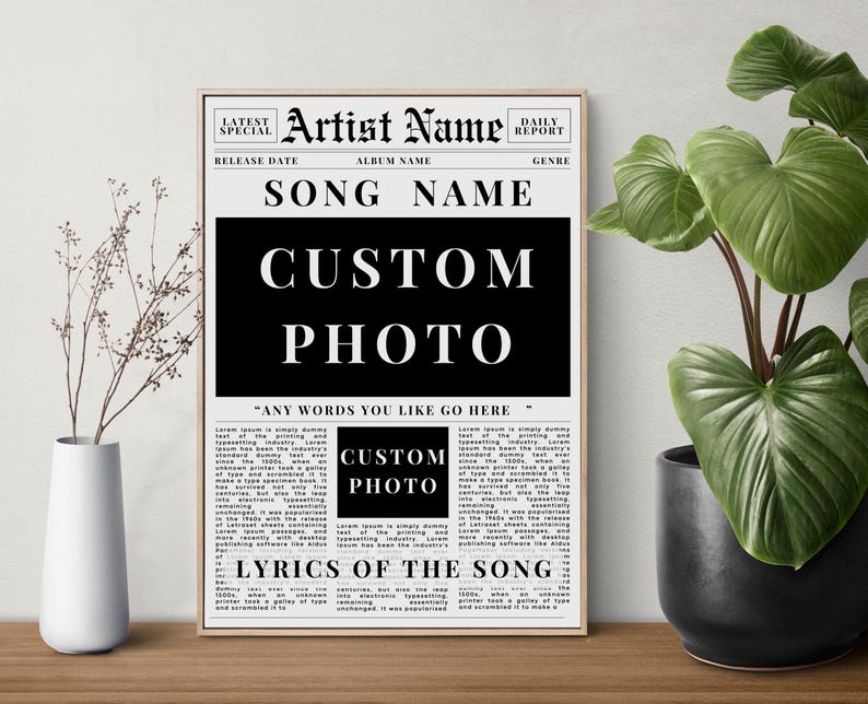 Custom Newspaper Music Poster Print Custom Song Lyric Print ...