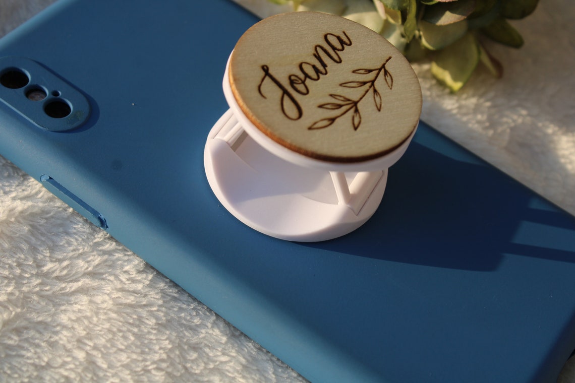 Custom Wood Phone Grip With Name and Flower Design - Unique Handcrafted ...