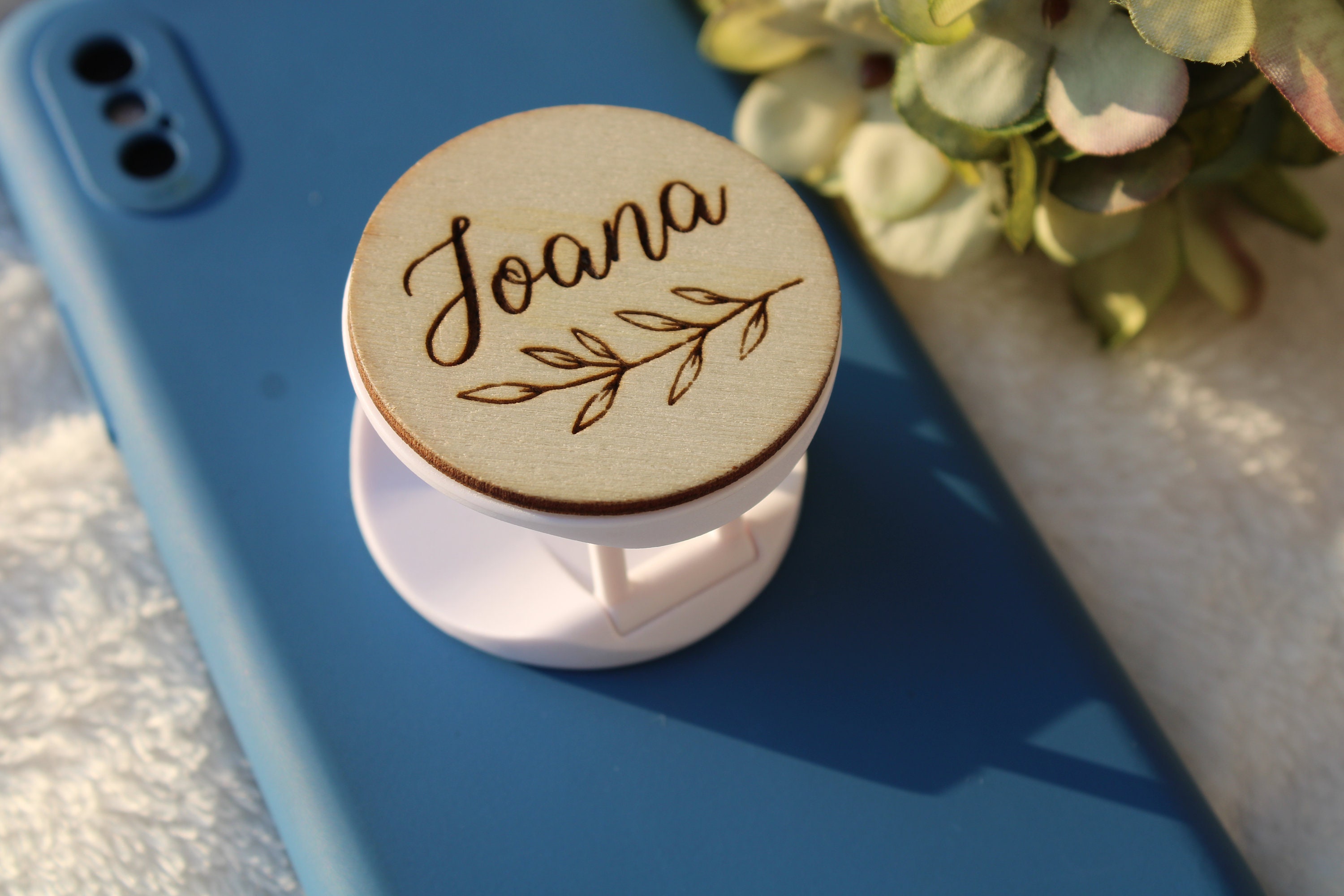 Custom Wood Phone Grip With Name and Flower Design - Unique Handcrafted ...