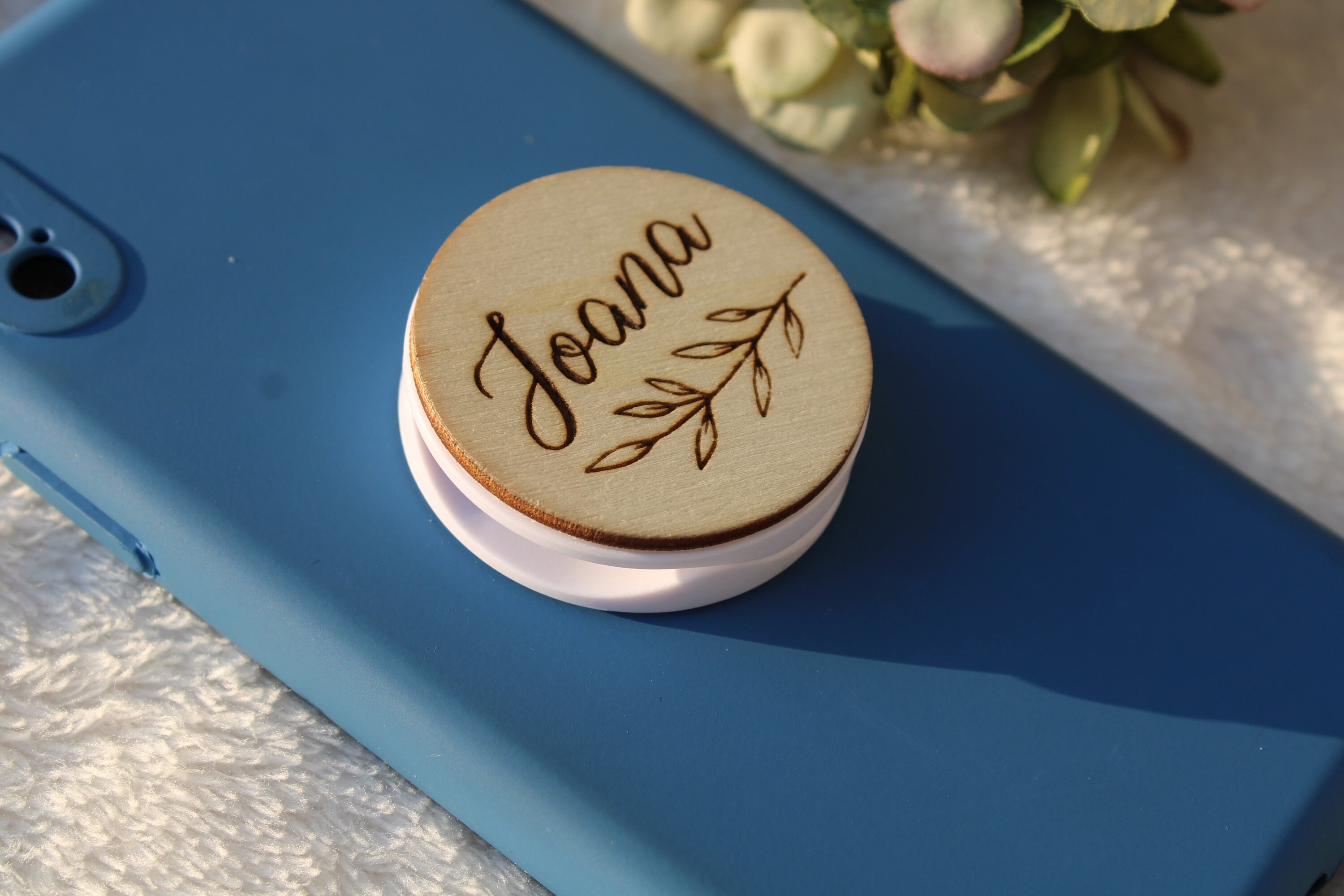 Custom Wood Phone Grip With Name and Flower Design - Unique Handcrafted ...