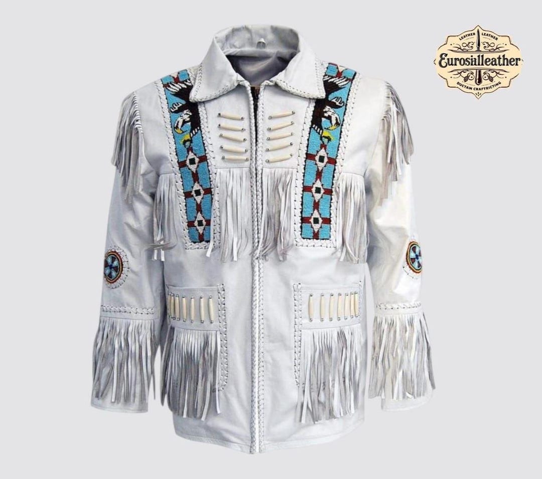Handmade White Suede Fringe Leather Jacket; Beaded Native American ...