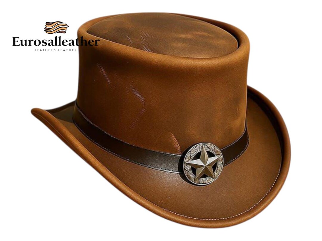 Handmade Brown Leather Cowboy Top Hat: Western Steampunk Star Badge - Etsy