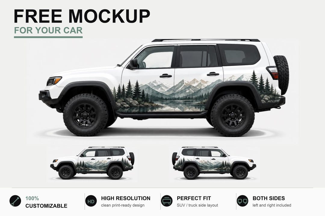 Watercolor Mountain Vinyl Decal - Forest Lake Car Side Wrap | Outdoor ...