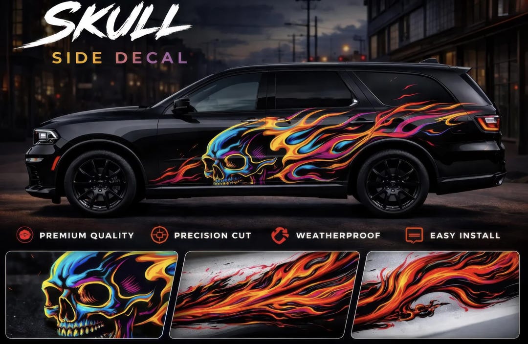 Neon Flame Skull Car Decal – Nightlife Vinyl Side Stripe - Etsy