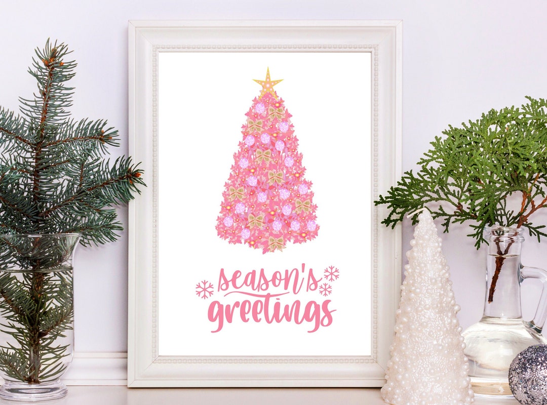 Pink Christmas Tree Print, Pink Christmas, Pink Seasons Greetings ...