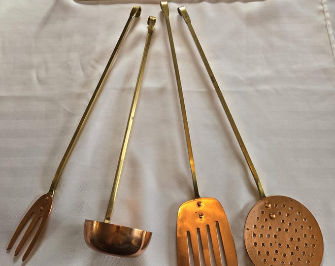Vintage Copper & Brass Hanging Kitchen Utensils, French Copper Country ...