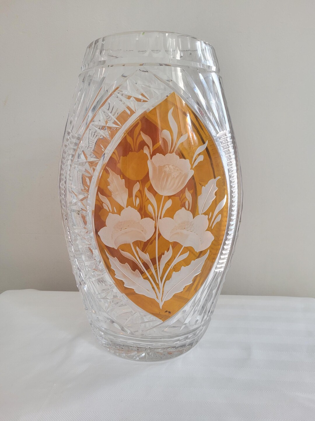 Vintage Crystal Cut Amber Colored Glass Vase by Julia Glassworks | Lead ...