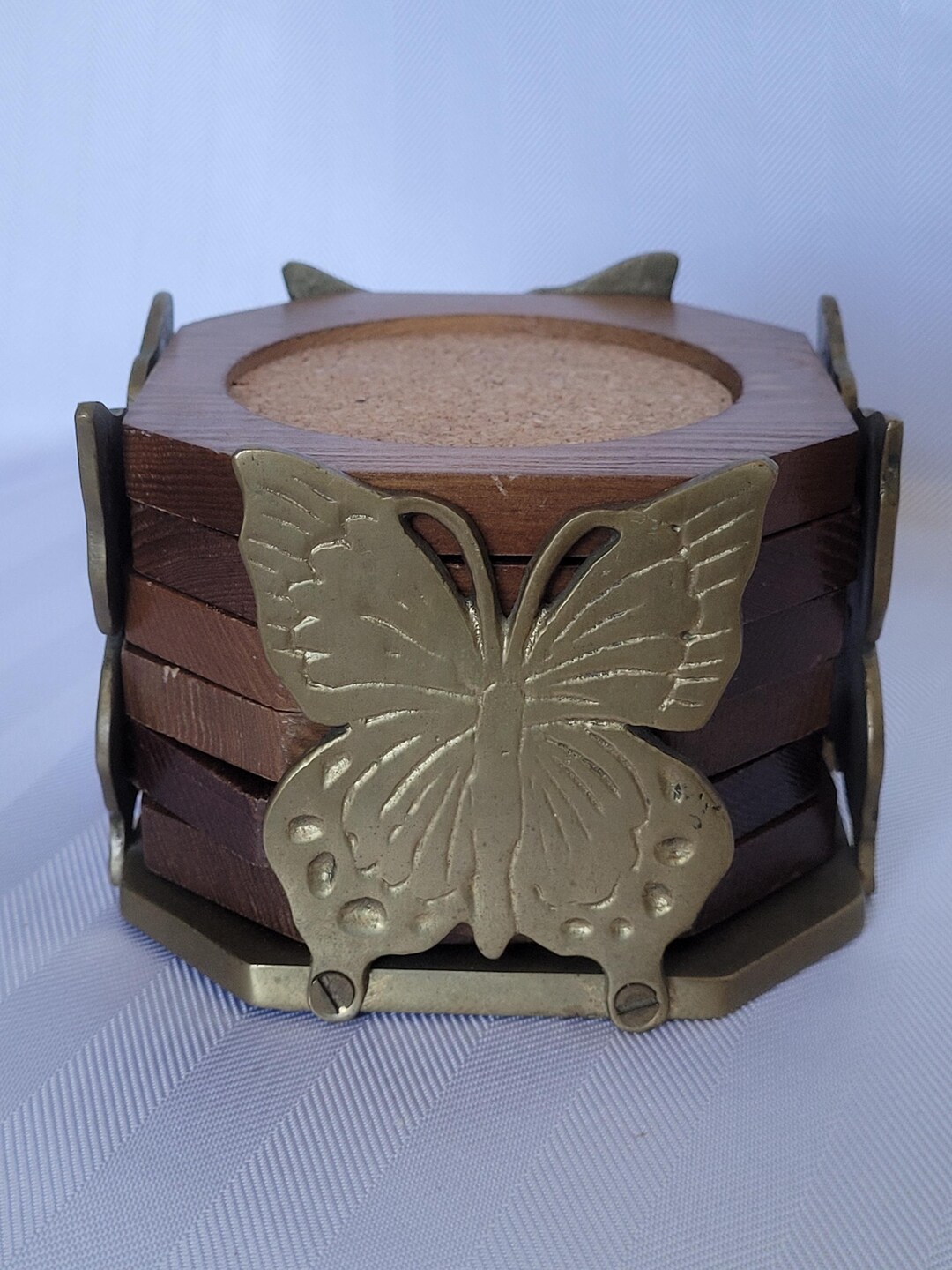 Vintage Brass Butterfly Coaster Caddy With 5 Cork Coasters | Cork ...