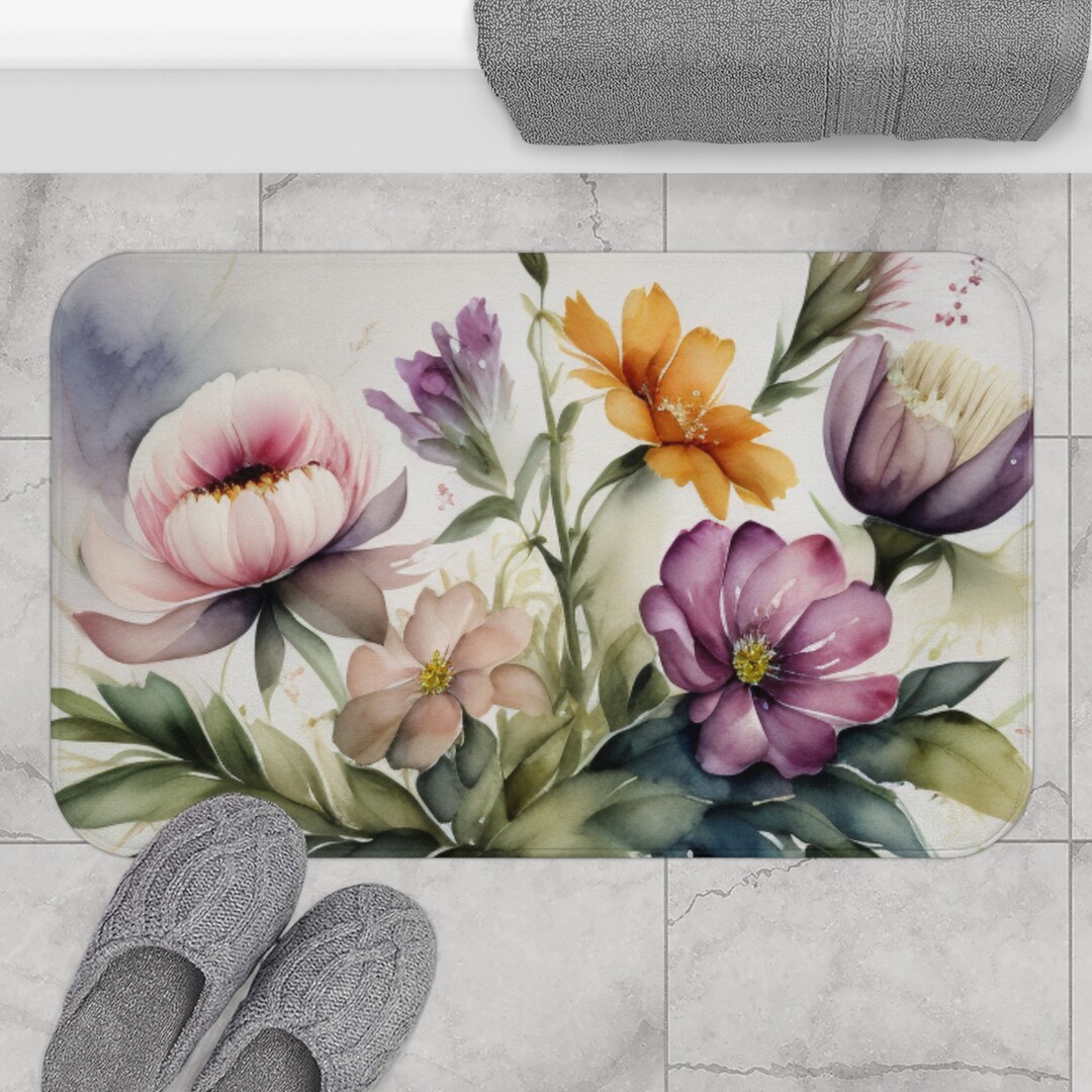 Custom Watercolour Flowers Design Bath Mat. Absorbent Fast - Etsy