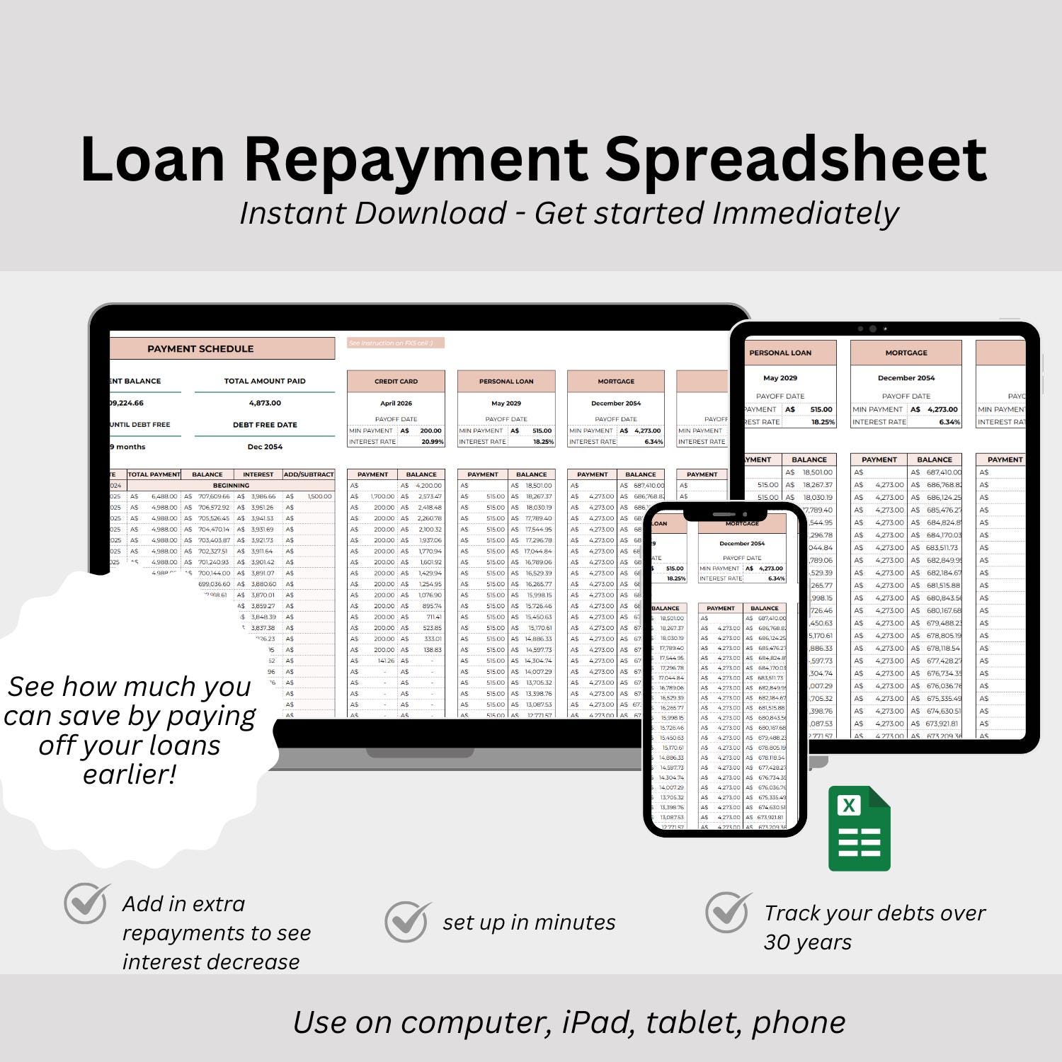 Loan Repayment Spreadsheet for Google Sheets • Debt Spreadsheet • Loan ...