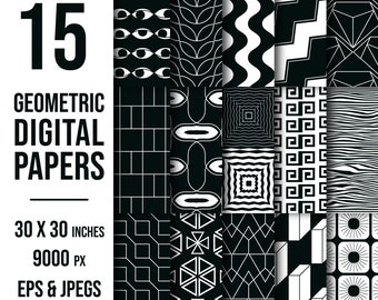 Geometric Digital Paper, Geometric Scrapbook Paper, Black and White ...