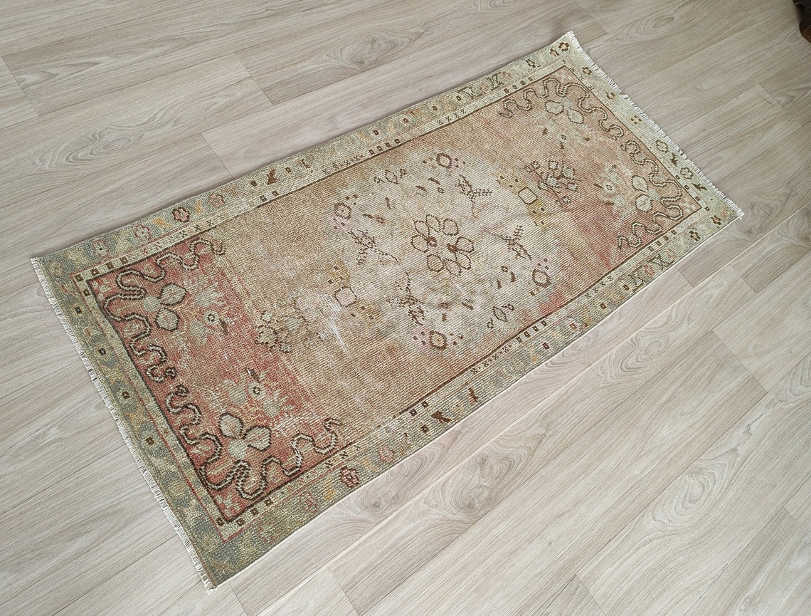 3x5 Faded Green Faded Red Vintage Rug, 3x5 Brown Motifs Oushak Rug ...
