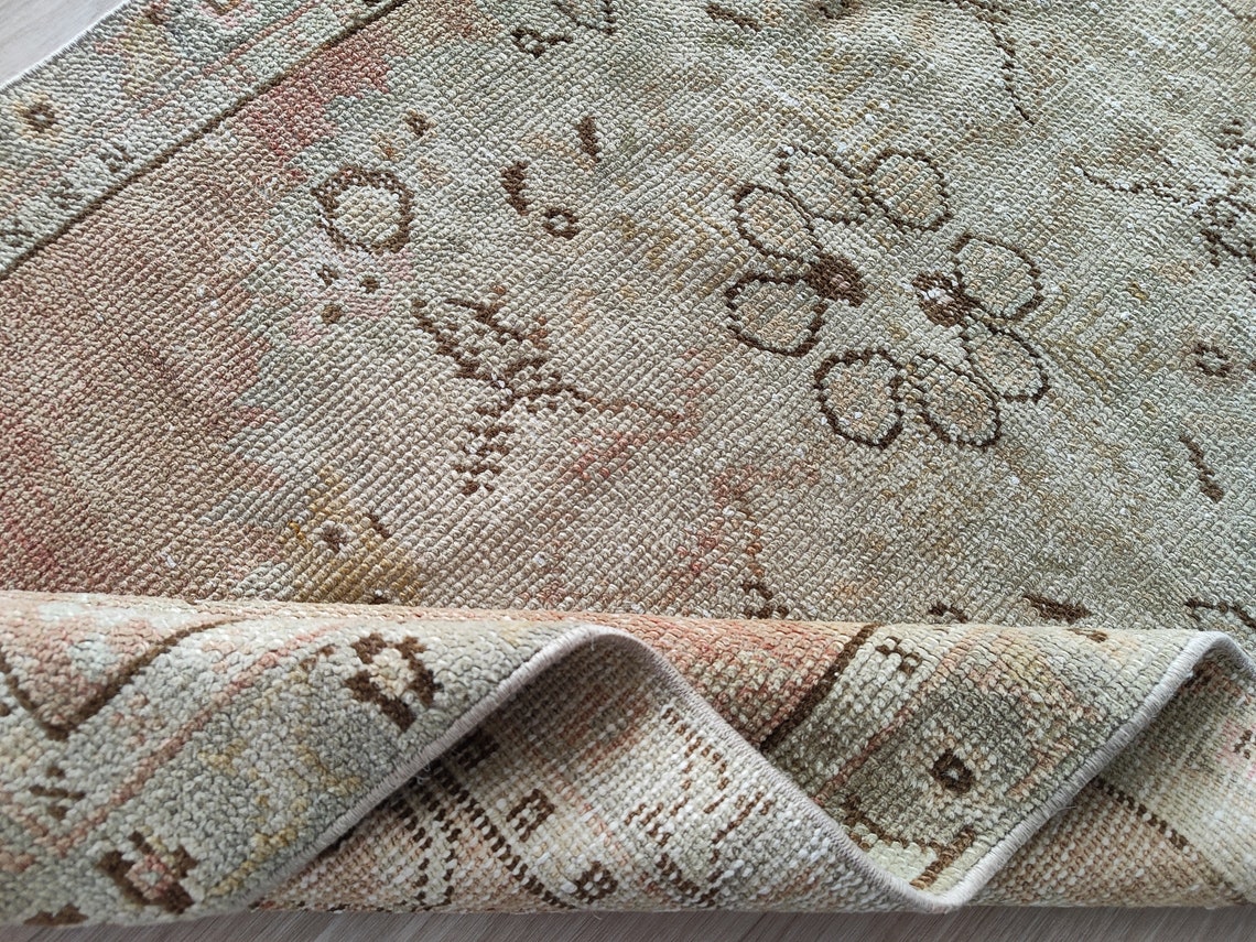 3x5 Faded Green Faded Red Vintage Rug, 3x5 Brown Motifs Oushak Rug ...