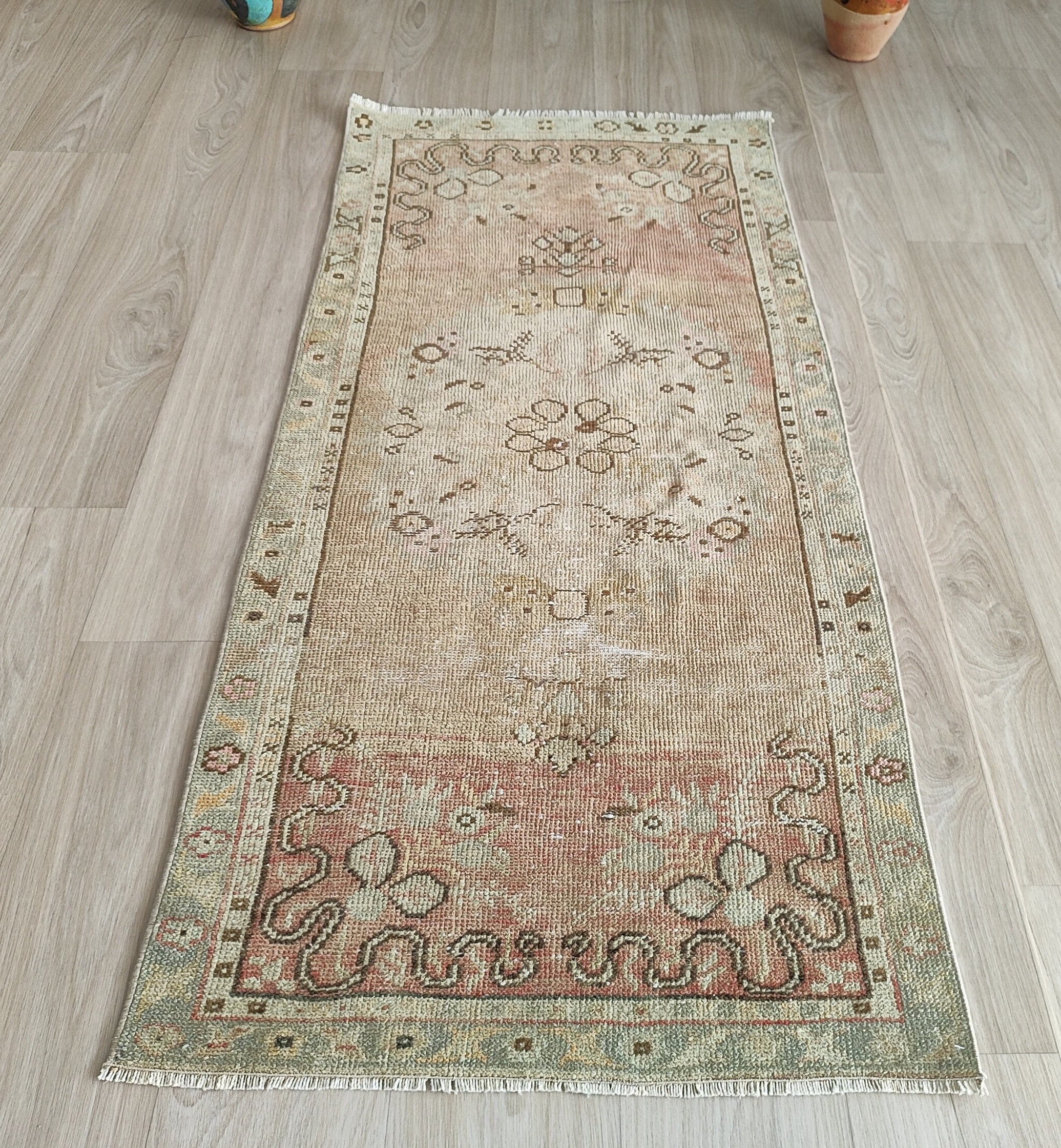 3x5 Faded Green Faded Red Vintage Rug, 3x5 Brown Motifs Oushak Rug ...