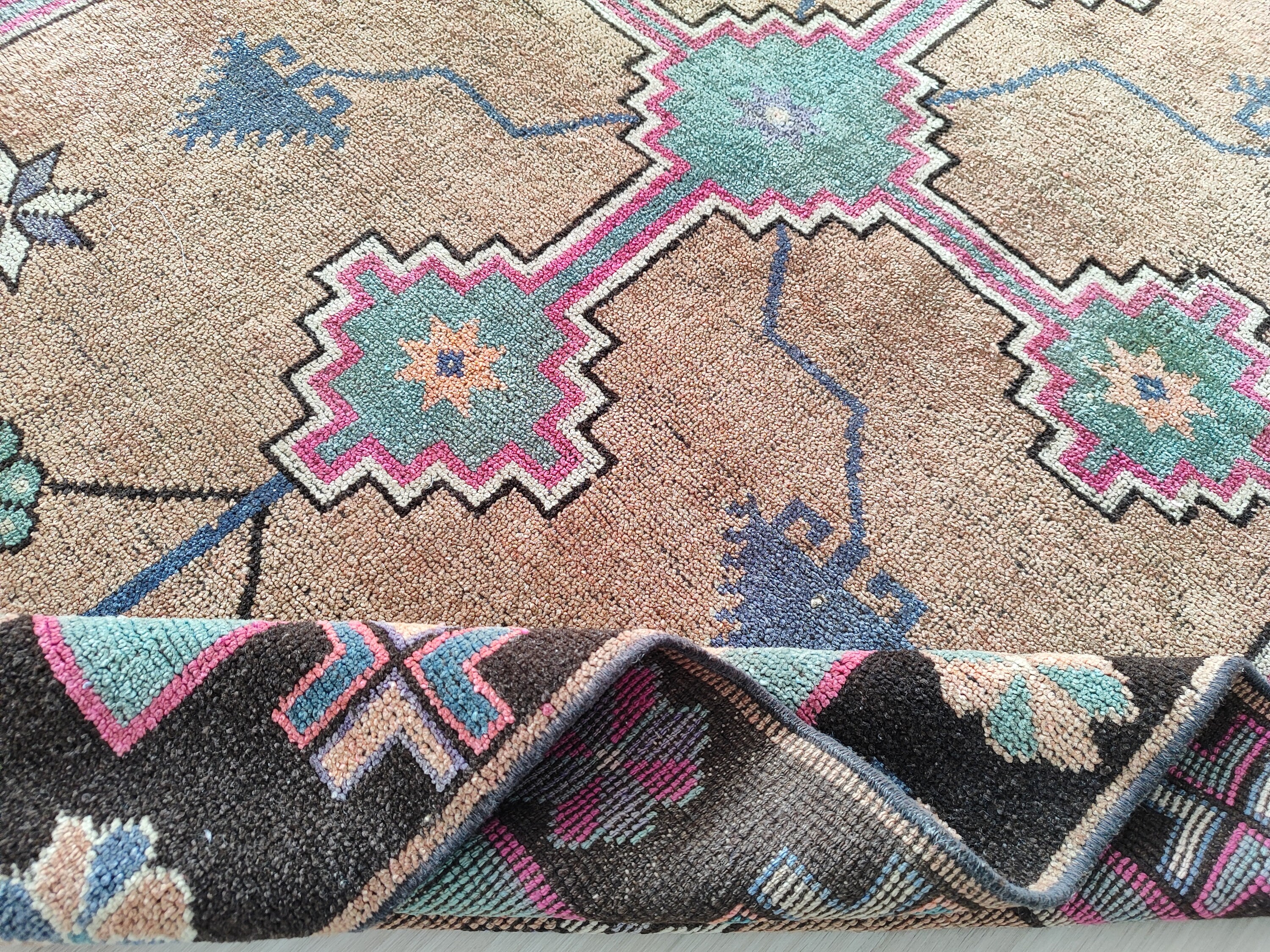 4x7 Green Brown Pink Blue Turkish Rug, Handmade 4x7 Black Framed Oushak ...